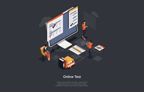 Vector Illustration On Online Test Concept Isometric Composition Cartoon D Style With Text