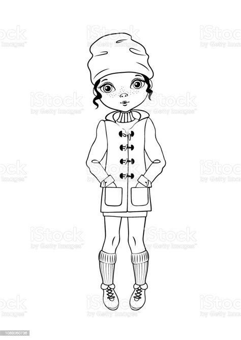 페이지 개요 만화 귀여운 소녀 코트와 모자를 착 색 아이 들을 위한 색칠 공부 책입니다 벡터 일러스트 레이 션 교육에 대한 스톡