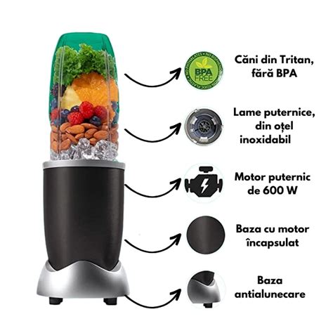 Блендер NutriBullet, с 12 аксесоара, Сребрист, 600W, Без BPA - eMAG.bg
