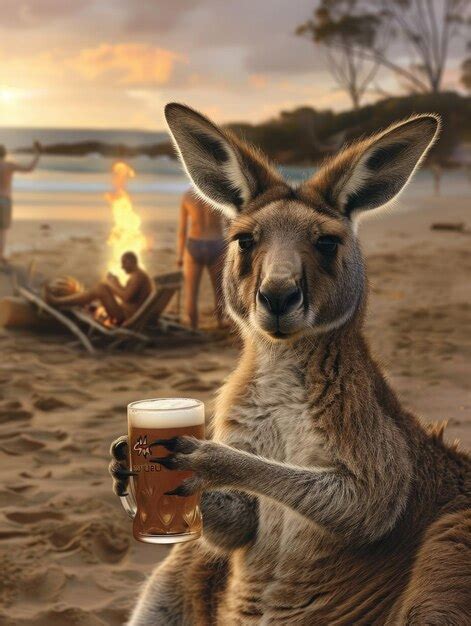 Kangaroo Enjoying A Sunset Beer On The Beach Premium Ai Generated Image