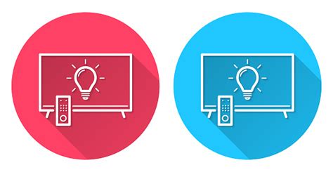 전구가 있는 Tv 빨간색 또는 파란색 배경에 긴 그림자가 있는 둥근 아이콘 Tv 보기에 대한 스톡 벡터 아트 및 기타 이미지