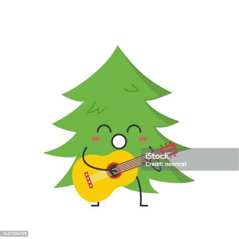 크리스마스 트리 귀여운 캐릭터 만화는 기타를 연주 하 여 웃는 얼굴을 노래 하 고 쾌활 한 카와이 기쁨 행복 한 감정 아이콘 벡터 일러스트 레이 션을 노래합니다 크리스마스에