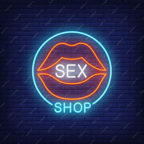 Губы с надписью Sex Shop в кругу Неоновый знак на фоне кирпича Бесплатно векторы