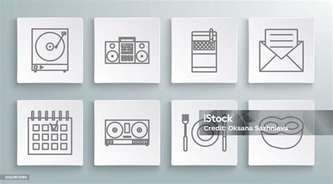 세트 라인 상세 달력 음악 재생 및 믹싱을 위한 Dj 리모컨 플레이트 포크 나이프 축제 마스크 열린 담배 팩 상자 봉투 초대장 및 비닐 플레이어 비닐 디스크 아이콘 벡터