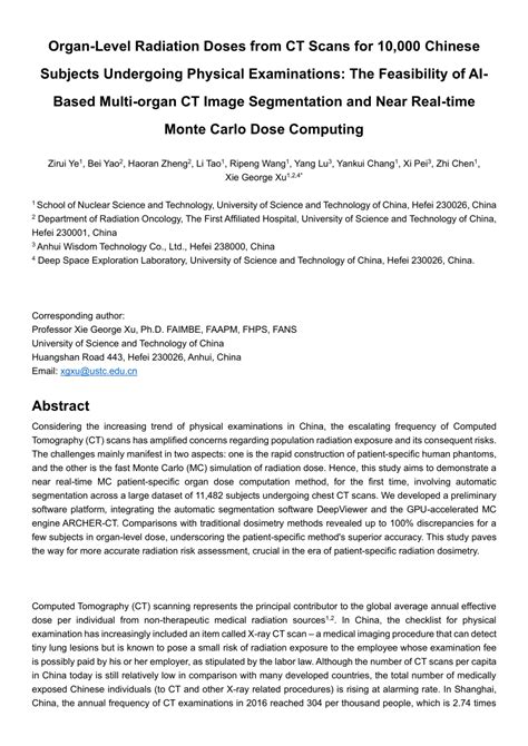 pdf organ level radiation doses from ct scans for 10 000 chinese subjects undergoing physical