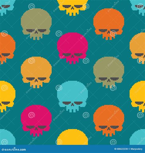 Skull Pixel Art Seamless Pattern Head Of Skeleton Pixelated Background