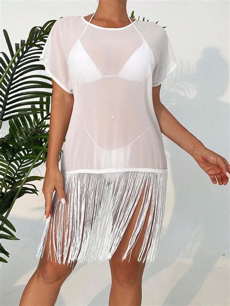 Summer Fringe Hem Sheer Mesh Cover Up Shein Usa
