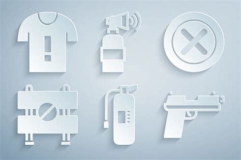 소화기 X 마크 크로스 서클 도로 장벽 권총 또는 총 에어 혼 및 티셔츠 항의 아이콘을 설정하십시오 벡터 3차원 형태에 대한 스톡 벡터 아트 및 기타 이미지 Istock