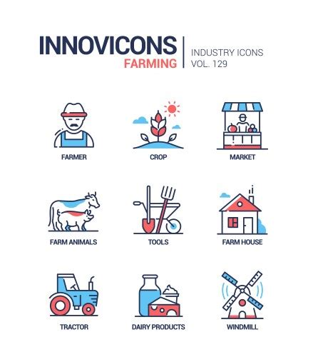 Farm Animals Line Design Style Icons Set Vector Image