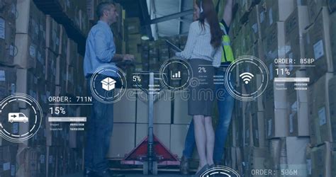 Discussing Logistics Warehouse Workers With Data Processing Animation Overlay In Background