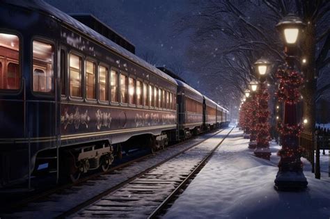 Premium Ai Image A Train Is Passing By A Christmas Tree And A Lamp Post Premium Ai Image A Train Is Passing By A Christmas Tree And A Lamp Post