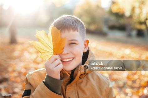 노란 단풍을 배경으로 얼굴의 절반을 덮고 있는 가을 노란 잎이 달린 노란 재킷을 입은 어린 소년의 얼굴을 클로즈업 가을에 대한