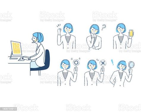 여성 오퍼레이터의 얼굴 표정의 변형 세트 Brand Name Smart Phone에 대한 스톡 벡터 아트 및 기타 이미지