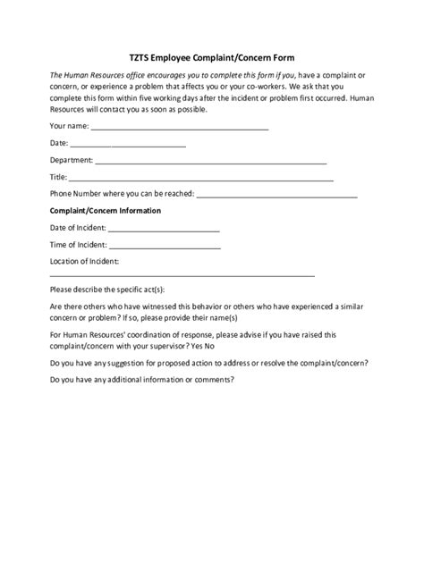 Fillable Online Tzts Employee Complaintconcern Form Fax Email Print