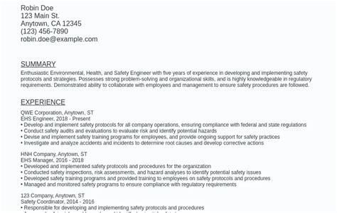 Ehs Engineer Resume Sample Template Free Download Ziprecruiter