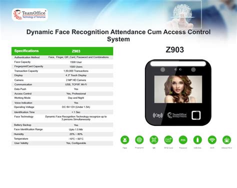 Team Office Z903 Dynamic Face Recognition Attendance With Access