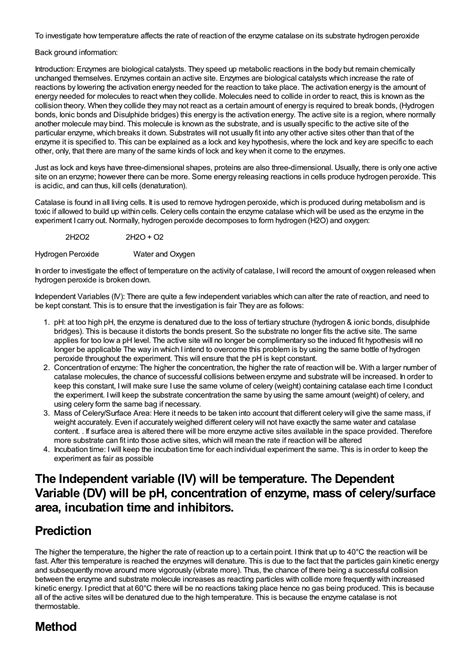 Solution To Investigate How Temperature Affects The Rate Of Reaction Of The Enzyme Catalase On