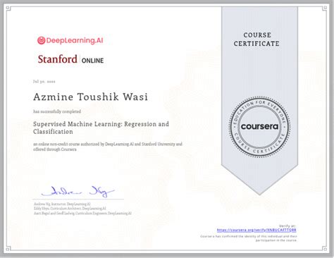 Certificate Supervised Machine Learning Regression And