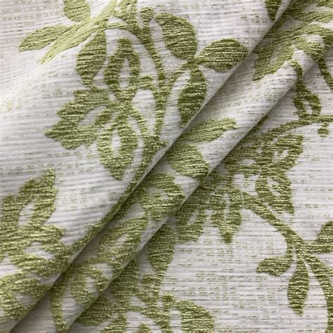 Afton Floral In Green Upholstery Fabric Chenille Leaves In Green On
