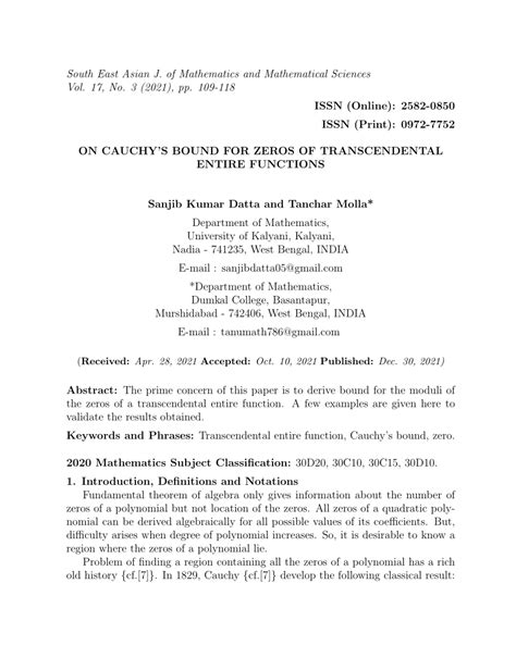 Pdf On Cauchys Bound For Zeros Of Transcendental Entire Functions