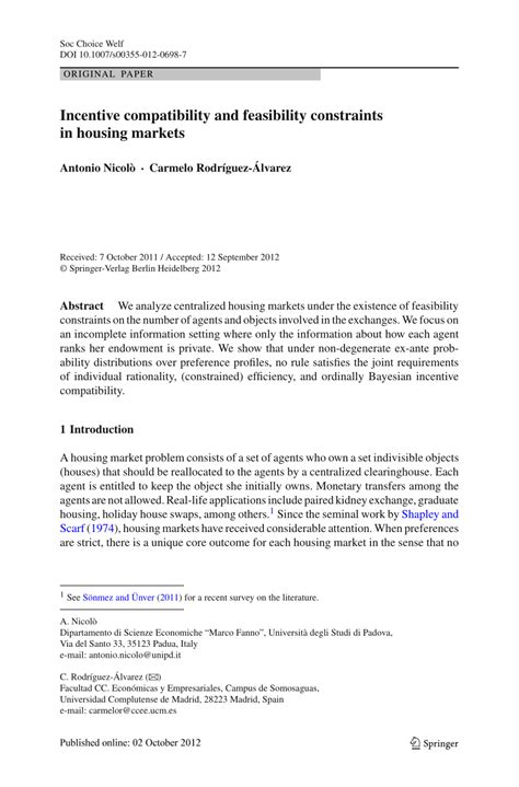 Pdf Incentive Compatibility And Feasibility Constraints In Housing