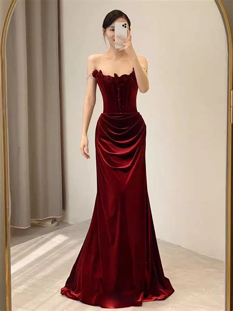 Beautiful Mermaid Strapless Red Velvet Long Prom Dress P1324 Preppydress