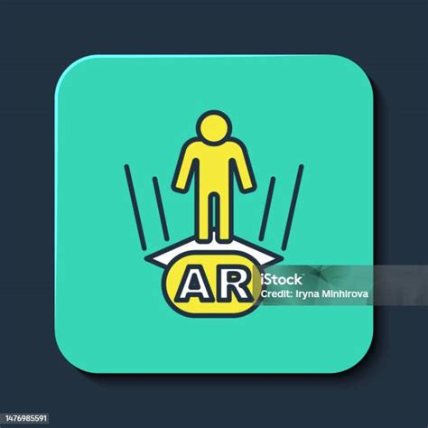 파란색 배경에 격리된 윤곽선 증강 현실 Ar 아이콘 가상 미래 웨어러블 장치 청록색 스퀘어 버튼 벡터 3차원 형태에 대한 스톡