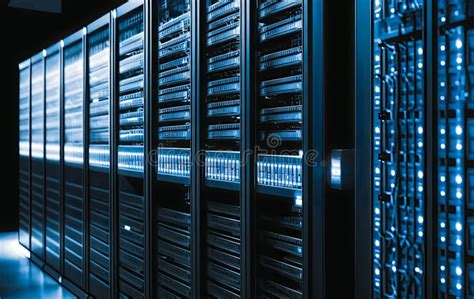 Ai Working Data Center With Rows Of Rack Servers Emergency Led Lights Blinking And Computers