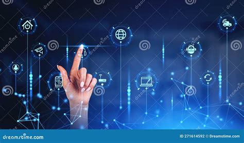 Woman Finger Touch Iot Hologram With Digital Icons Devices And