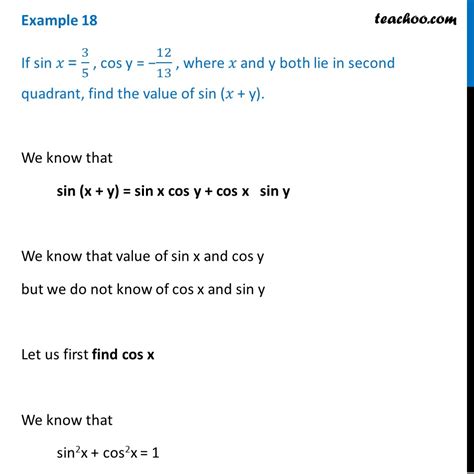 Example 18 If Sin X 3 5 Cos Y 12 13 Find Sin X Y