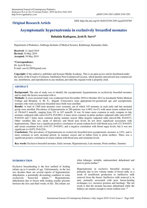 Pdf Asymptomatic Hypernatremia In Exclusively Breastfed Neonates