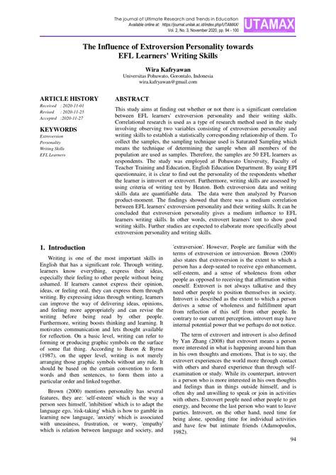 Pdf The Influence Of Extroversion Personality Towards Efl Learners Writing Skills