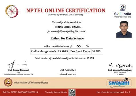 Denny Jobin Daniel On Linkedin Python Datascience Nptel Iitmadras Skillindia