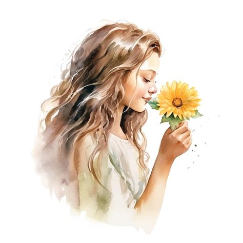 Hermosa Chica Oliendo Pintura De Acuarela De Flores Vector Premium