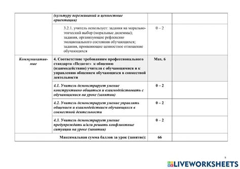Карта оценки и анализа урока worksheet | Live Worksheets