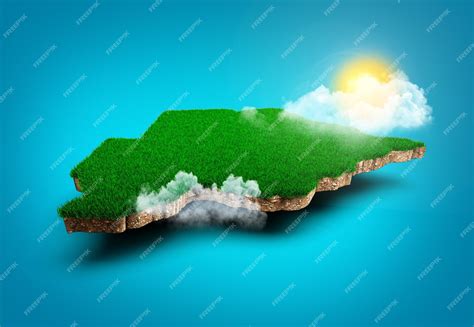 보츠와나 지도 토양 토지 지질학 단면 녹색 잔디와 바위 지상 질감 3d 그림 프리미엄 사진
