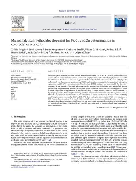 Pdf Microanalytical Method Development For Fe Cu And Zn Determination In Colorectal Cancer Cells