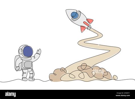 One Continuous Line Drawing Of Spaceman Astronaut Science On Moon Waving Hand To Launching