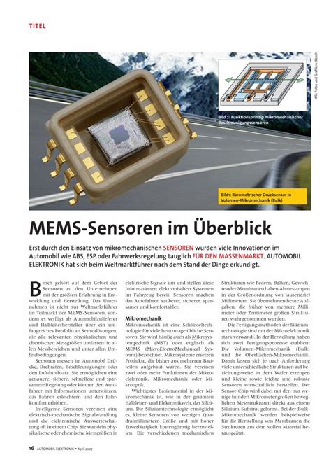 PDF MEMS Sensoren im Überblick all electronics de Mikromechanik