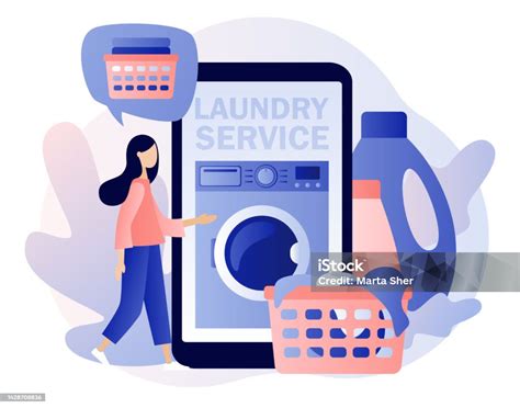 스마트폰 앱에서 온라인 세탁 서비스 세탁소 가전 제품 하우스 키핑 개념 세탁기 현대 플랫 만화 스타일 흰색 배경에 벡터 일러스트 레이 션 호텔룸 관리 직원에 대한 스톡 벡터