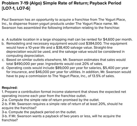 Solved Problem 7 19 Algo Simple Rate Of Return Payback