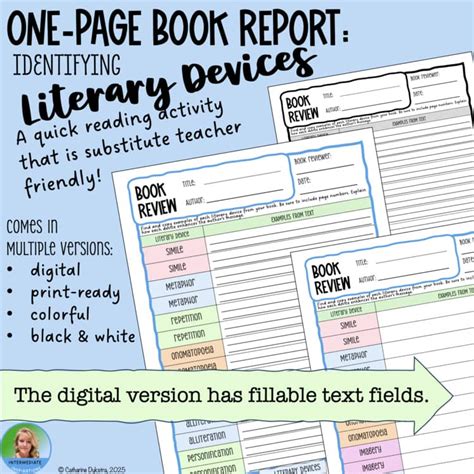 7th And 8th Grade 1 Page Book Report Literary Devices Simile Metaphor