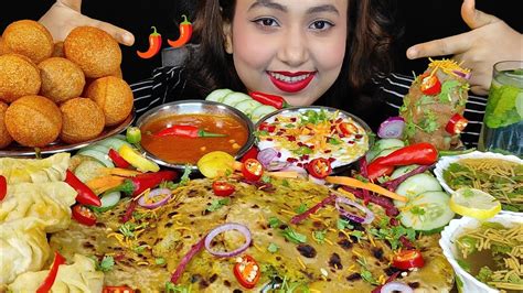 Uncut Mukbang‼️😉eating Aloo Paratha🥵fried Momos🥟momos Chutney🌶panipuri🔥