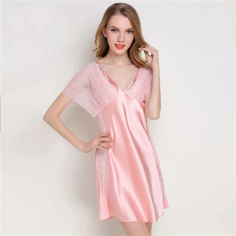 Damen Sexy Silk Satin Sleep Spitze Nacht Shirt Kurzarm Nachthemd V