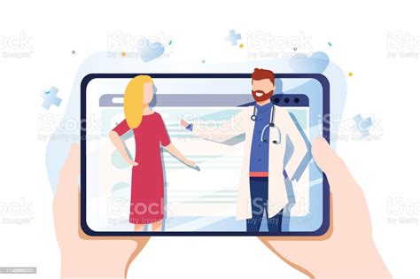 간단한 평면 스타일에서 벡터 일러스트 레이 션온라인 및 텔 레 의학 개념의료를 위한 응용 프로그램과 손 화면 멀리 떨어진에 대한 스톡 벡터 아트 및 기타 이미지 Istock