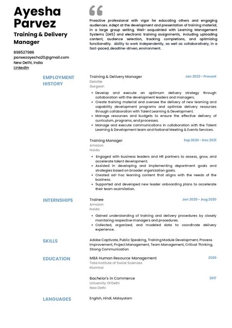 Training And Development Resume Samples