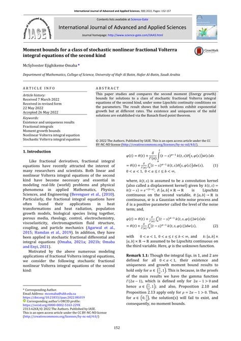 Pdf Moment Bounds For A Class Of Stochastic Nonlinear Fractional Volterra Integral Equations