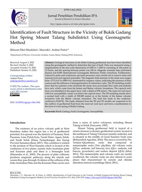 Pdf Identification Of Fault Structure In The Vicinity Of Bukik Gadang Hot Spring Mount Talang