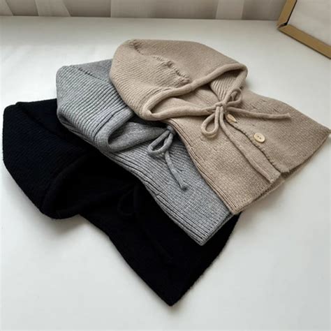 여자 투버튼 니트 넥워머 후드모자 바라클라바 에이블리