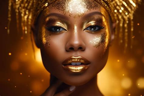 Premium Ai Image Woman With Gold Glitter On Her Face And Gold Hat On